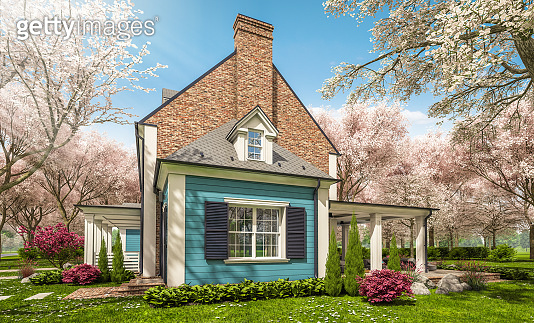 3d rendering of modern classic house in colonial style in spring day ...