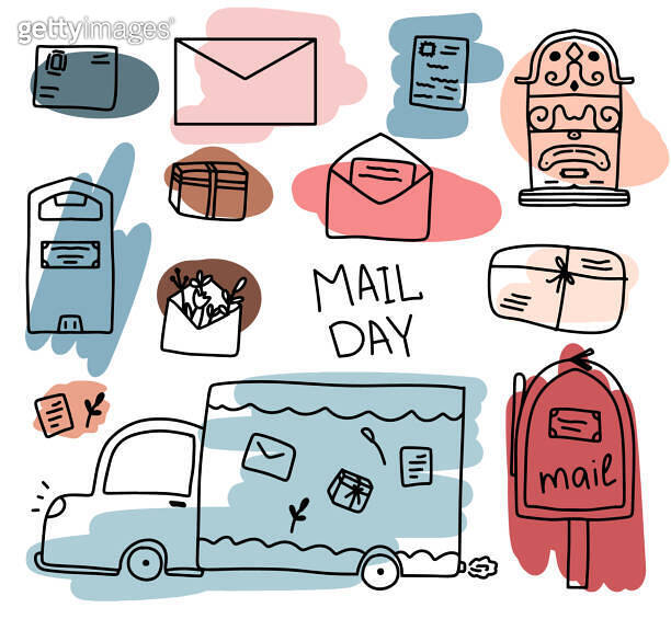 World Post Day, a collection of letters and parcels, a set of mailboxes ...