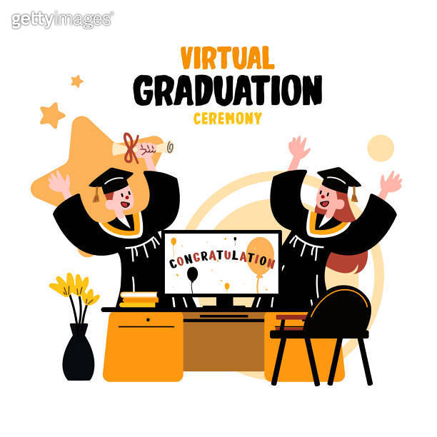 Online virtual graduation ceremony. A pair of bachelors stand behind pc ...