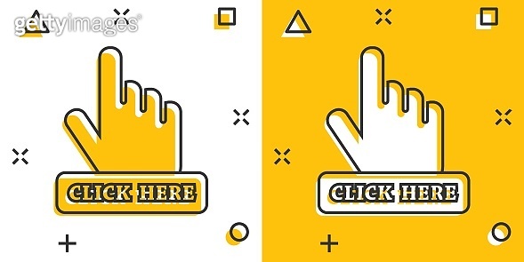 Vector cartoon click here icon in comic style. Hand cursor sign ...