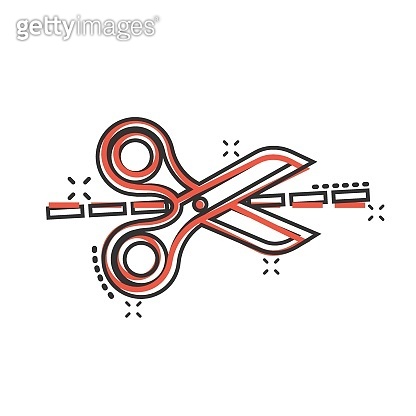 Scissor with cutting line icon in comic style. Cut equipment cartoon ...