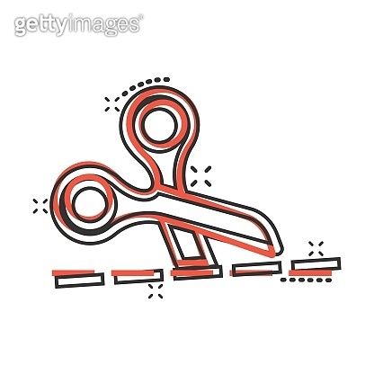 Scissor with cutting line icon in comic style. Cut equipment cartoon ...
