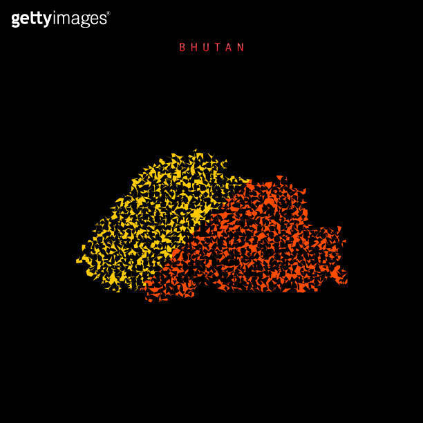 Bhutan flag map, chaotic particles pattern in the Bhutanese flag colors ...