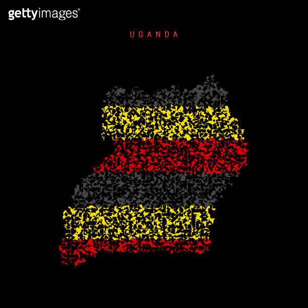 Uganda flag map, chaotic particles pattern in the Ugandan flag colors. Vector illustration 이미지 ...