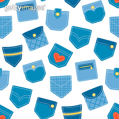 Seamless pattern with hand drawn denim patch pockets. Cartoon vector ...