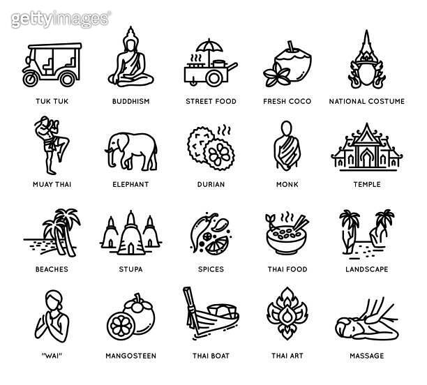 Thailand icon set - collection of vector thin line style icons, Thai ...