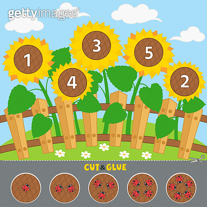 Learning game for kids. Cut and glue the ladybugs to the sunflowers ...