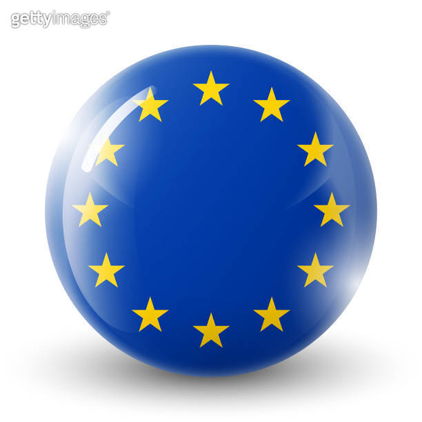 Glass light ball with European Union flag. Round sphere, template icon ...