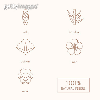 Natural fibers signs, icons, symbols: silk, linen, bamboo, cotton, wool ...