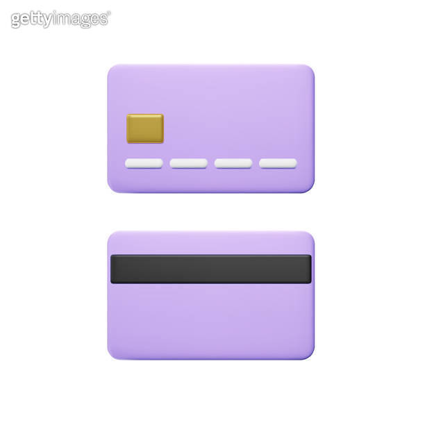 Cartoon style purple credit card front and back view. Banking operation ...