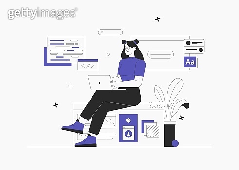 Business woman, smm manager, programmer, sit on infographic and work on ...