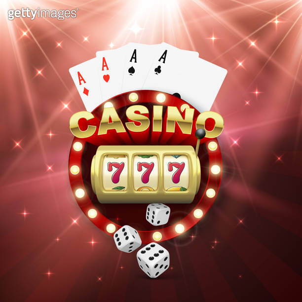 Casino banner with slot machine four aces and dice. Win jeckpot. Play ...