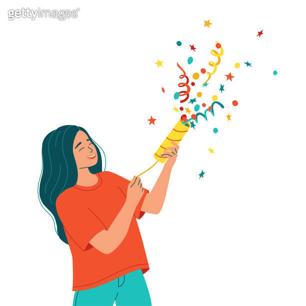 Young happy woman shoots from a holiday cracker with confetti and ...