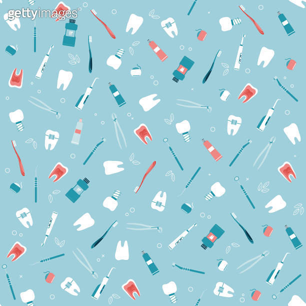 Seamless pattern from dental tools for cleaning, care and treatment of ...