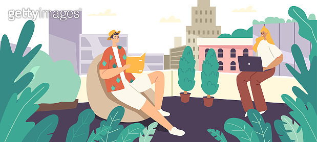 Relaxed Characters Sit in Comfortable Armchair Relax on Rooftop ...