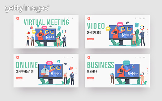 Virtual Meeting Landing Page Template Set. Tiny Businesspeople Characters Online Chat with ...