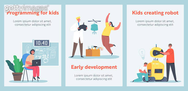 Kids Programming and Creating Robots in Class Cartoon Posters. Engineering for Kids, Children ...