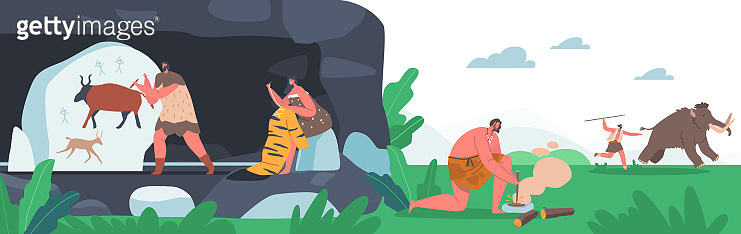 Prehistoric Ages People Wear Animal Skin Use Primitive Tools for ...