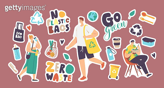 Set Stickers Zero Waste, No Plastic Bags. People, Recycling Litter Bin ...