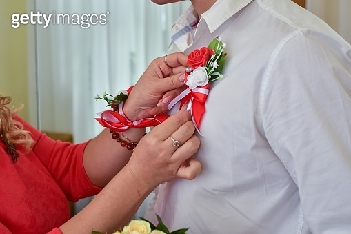the bride adjusts the groom's boutonniere. Without a face 이미지 ...