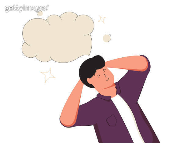 Dreaming, thinking man lying and imaging with a cartoon doodle bubble ...