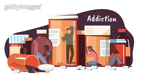 Drug addict concept illustration. Many addicted people trapped inside ...