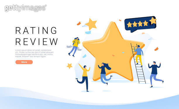 Landing page template with group of people and golden stars. Concept of ...