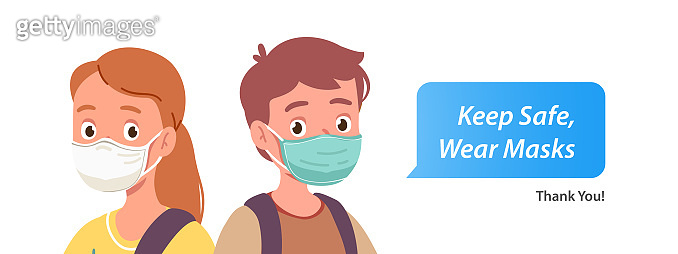 Keep Safe, Wear Masks text sign. Man & woman persons wearing protective ...