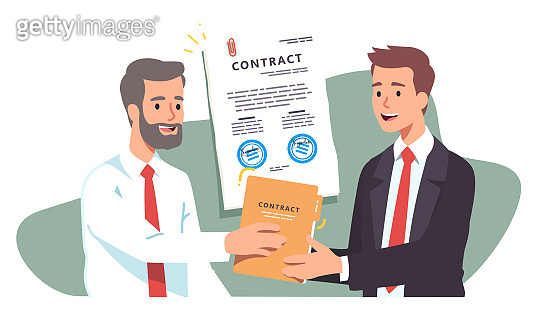 Young employee receiving job employment contract from senior executive ...