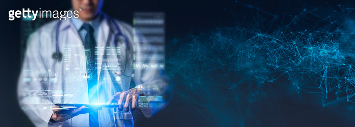 Doctor using computer and abstract graphics UI, modern medical health ...
