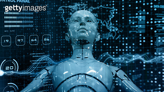 3D humanoid robot machine avatar, abstract machine learning digital ...