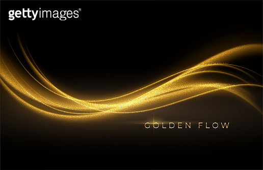 Gold wave flow and golden glitter on black background. Abstract shiny ...