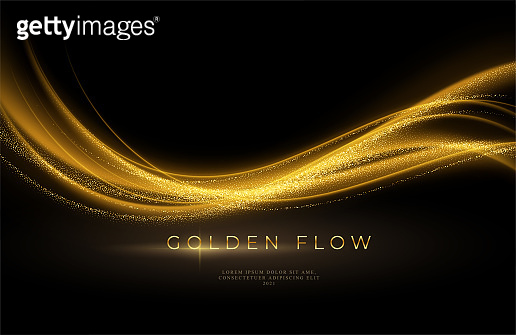 Gold wave flow and golden glitter on black background. Abstract shiny ...