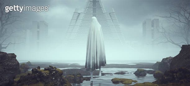 Futuristic Sci Fi Evil Spirit Ghost Woman Floating Over Water in Alien ...