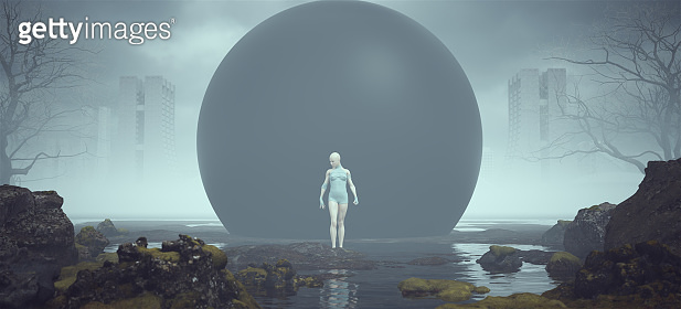 Futuristic Female Strong Aggressive Standing Pose Alien Landscape ...