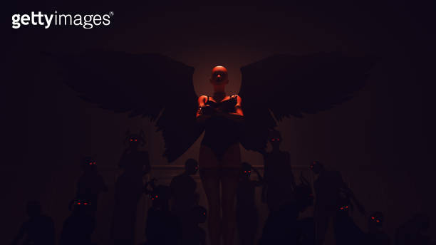 Devil Women Black Demon Fallen Angel with Red Eyes Surrounded By Lesser ...