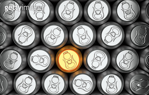 Unique golden can among group of silver recyclable cans cans. View from ...