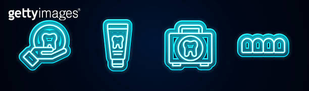 Set line Tooth, Tube of toothpaste, First aid kit and Dentures model ...