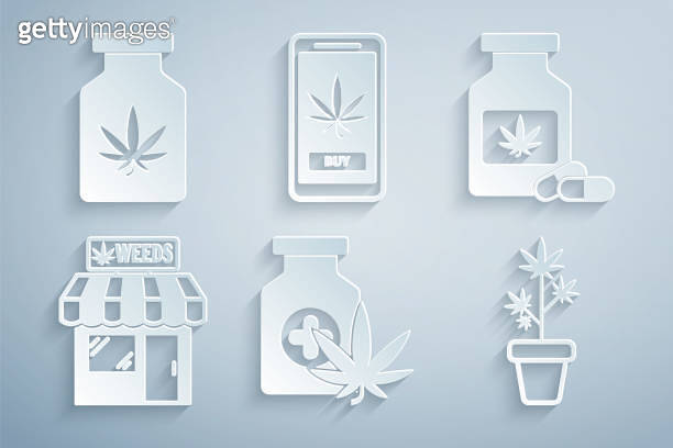 Set Medical bottle with marijuana, Marijuana and cannabis store, plant ...