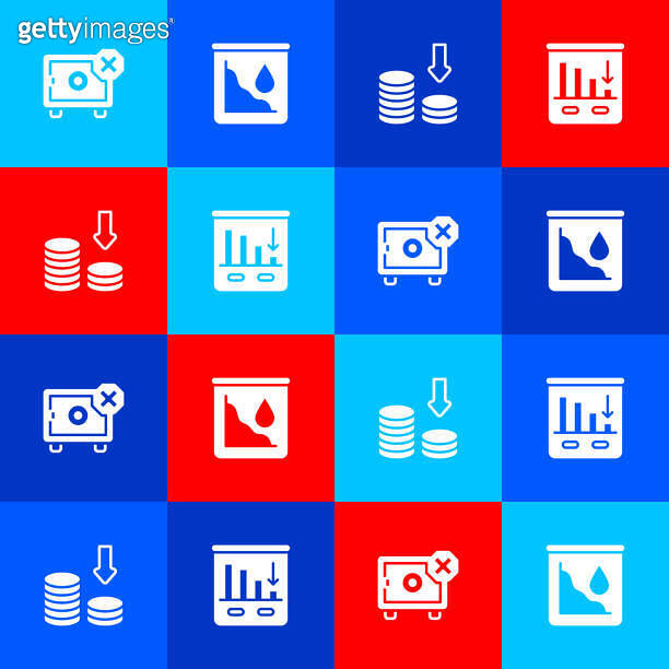 Set Safe, Drop in crude oil price, Dollar rate decrease and Pie chart infographic icon. Vector ...
