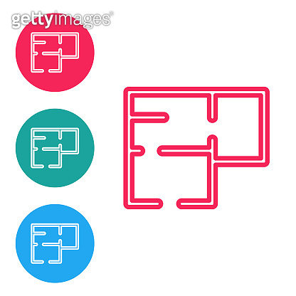 Red line House plan icon isolated on white background. Set icons in ...