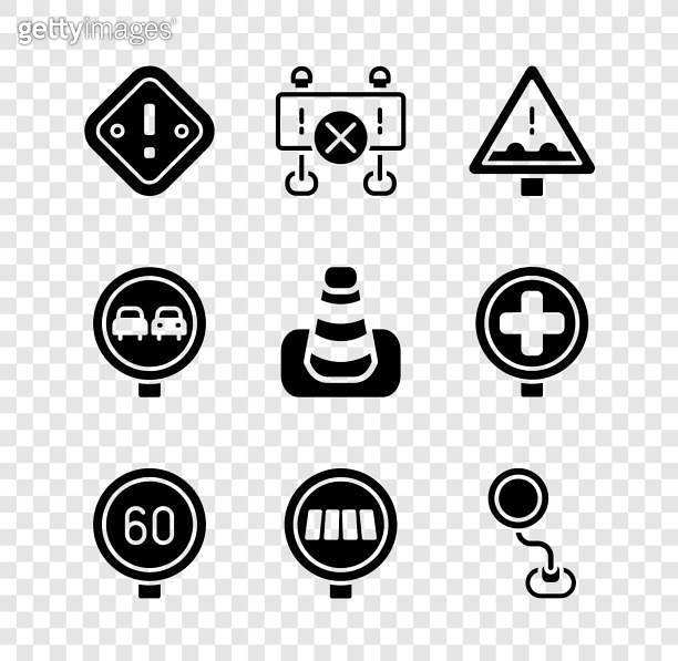 Set Exclamation mark in triangle, Road barrier, Uneven road ahead sign ...
