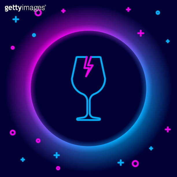 Glowing neon line Fragile broken glass symbol for delivery boxes icon isolated on black ...