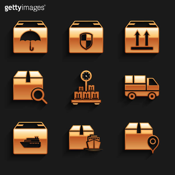 Set Scale with cardboard box, Cargo ship boxes, Location, Delivery truck, Search package ...
