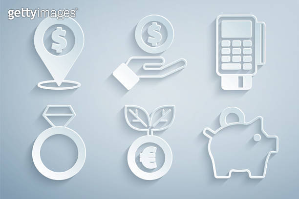 Set Euro plant, POS terminal with credit card, Diamond engagement ring ...