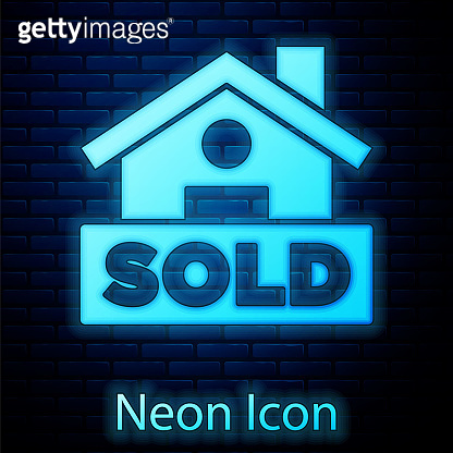 Glowing neon Hanging sign with text Sold icon isolated on brick wall ...