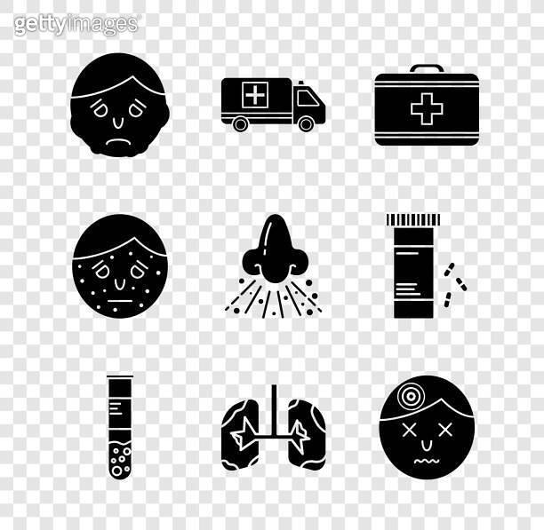 Set Inflammation on face, Emergency car, First aid kit, Test tube and ...