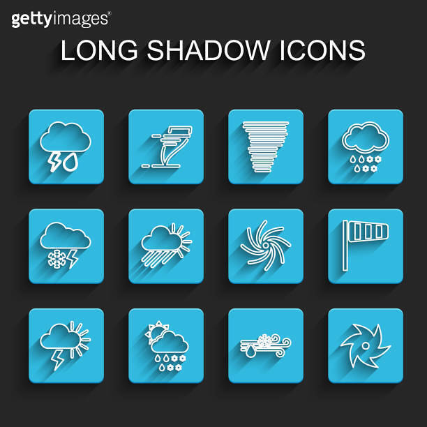 Set line Storm, Cloud with snow, rain, sun, and lightning, Wind ...