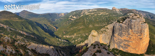 View of Salto de Roldan over Rio Flumen valley near Huesca, Spain ...