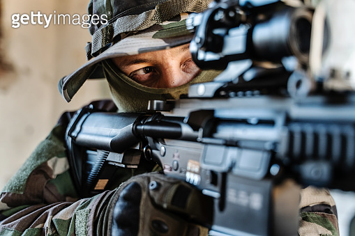 Close up side view portrait of special forces soldier or military ...